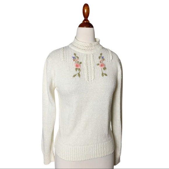 Vintage | Sweaters | Vintage Granny Cottage Sweater Flower Embroidery S ...